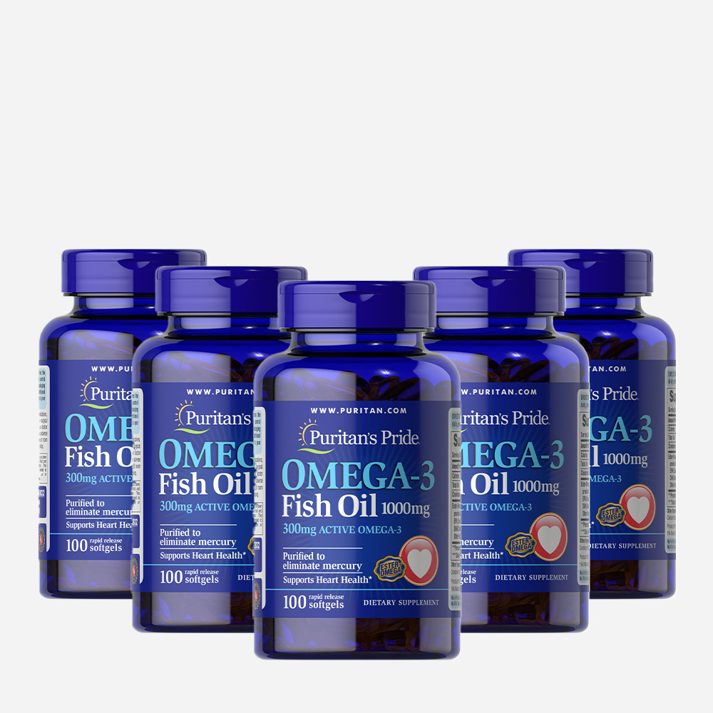 Puritan's Pride Omega-3 Fish Oil 1000 Mg (300 Mg Active Omega-3), 100 Softgels, 5 Pack | Shipzee.com